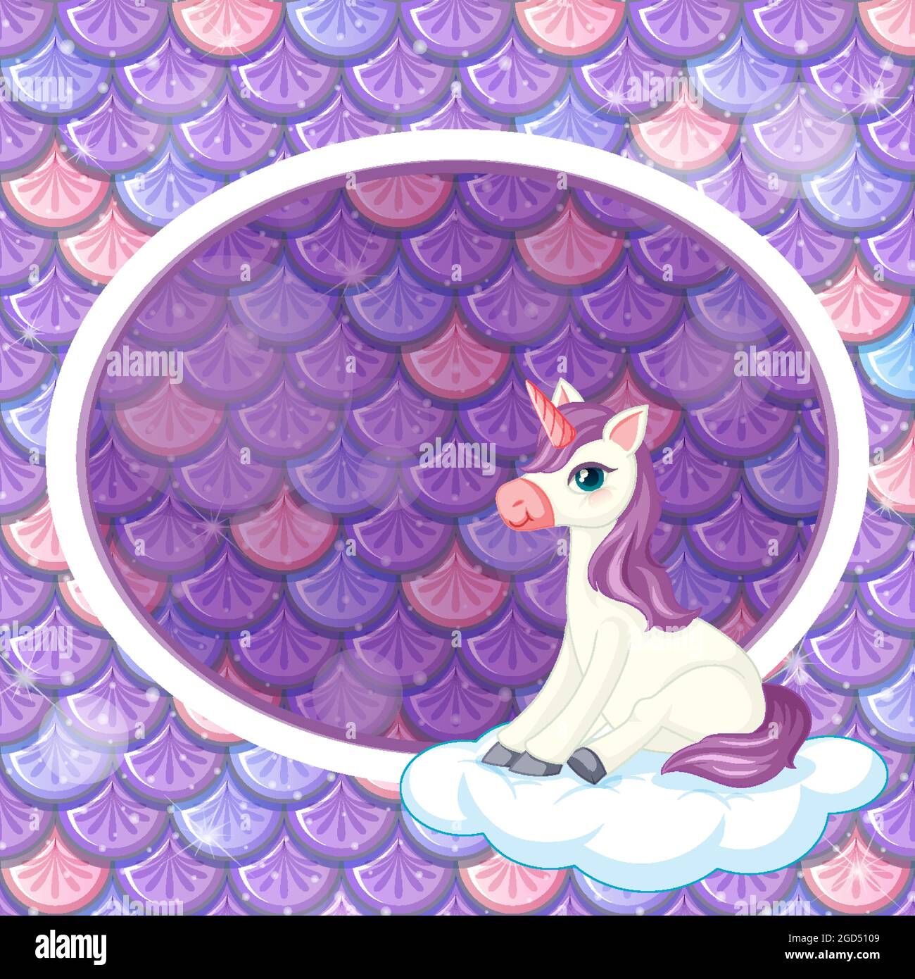 Oval frame template on purple fish scales background with unicorn ...