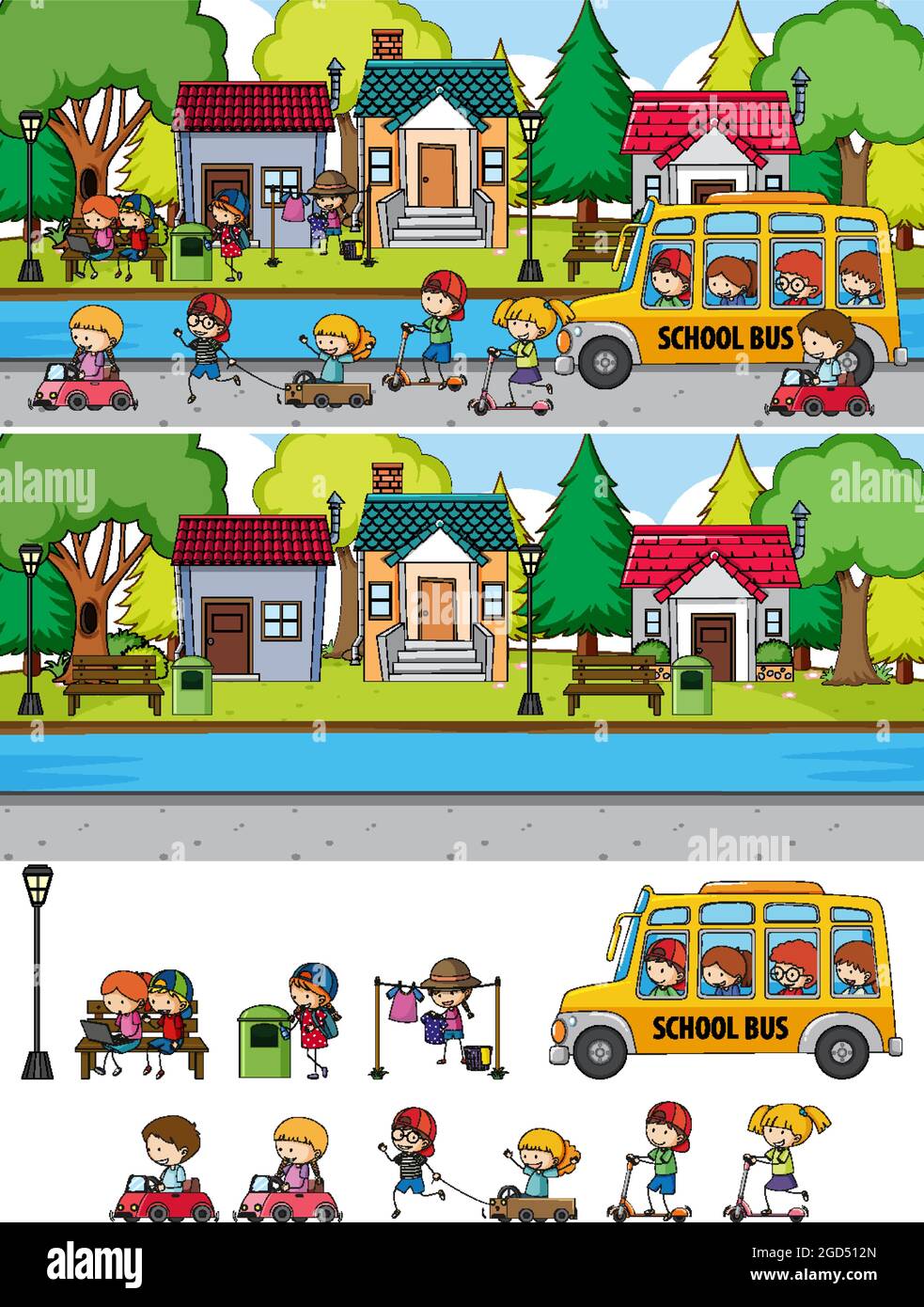 Park scene set with many kids doodle cartoon character isolated ...