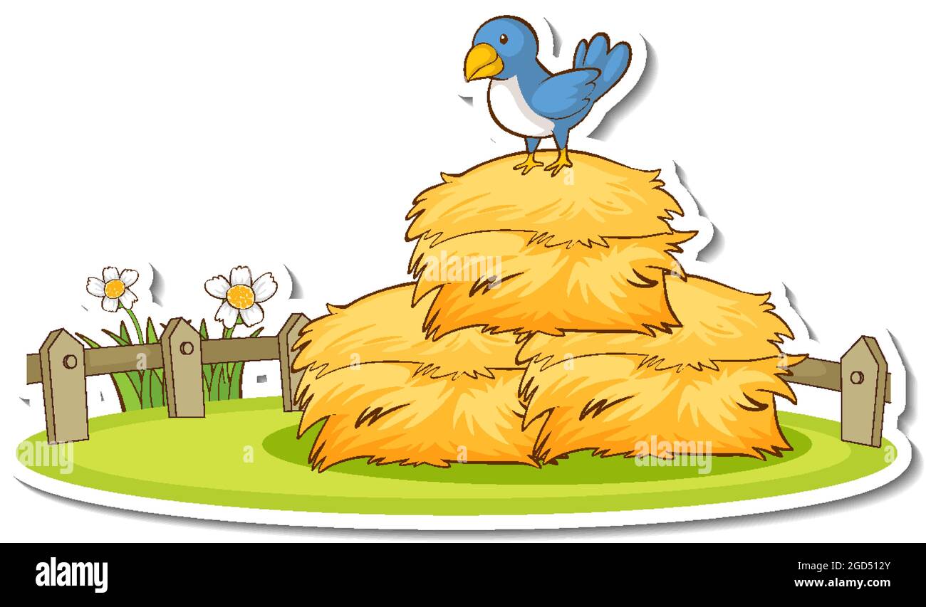 Little bird standing on haystack sticker illustration Stock Vector ...