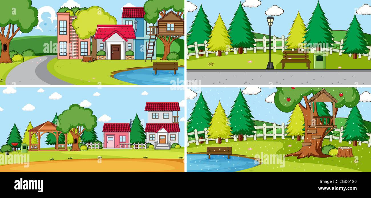 Set of different houses in nature scenes cartoon style illustration ...