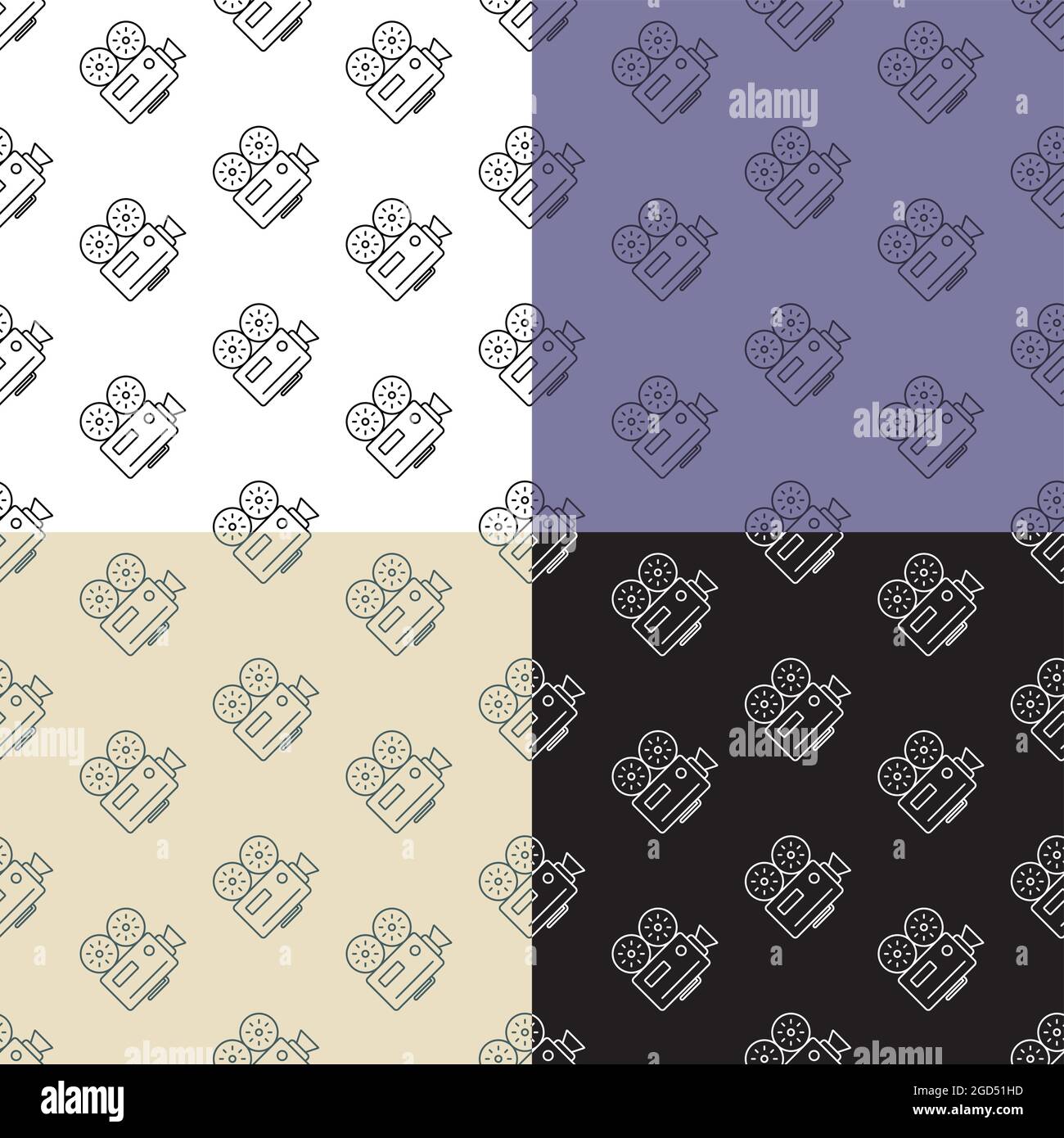 set of seamless patterns with old camcorder. Filming movie on retro ...