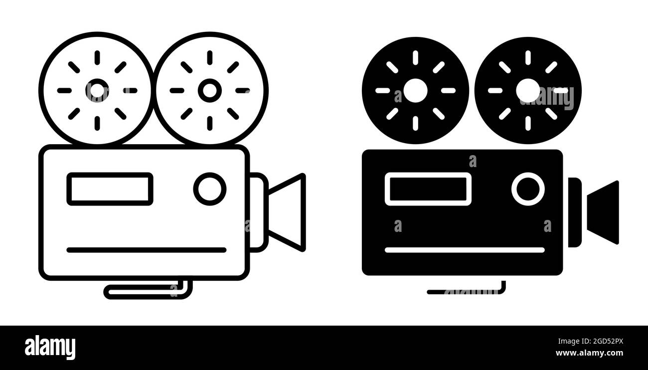 Linear icon old camcorder. Filming movie on retro instrument. Film recording of movie. Simple ...