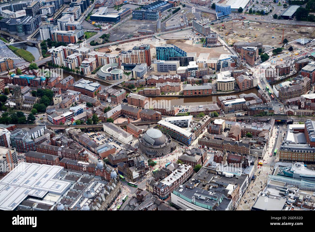 An aerial view of Leeds City Centre riverside district, West Yorkshire ...