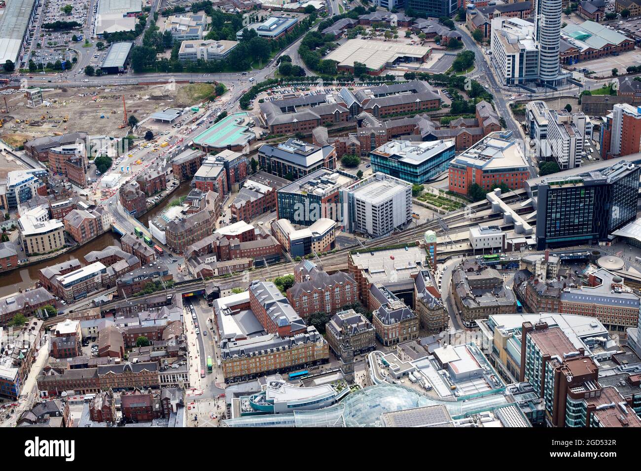 An aerial view of Leeds City Centre riverside district, West Yorkshire ...