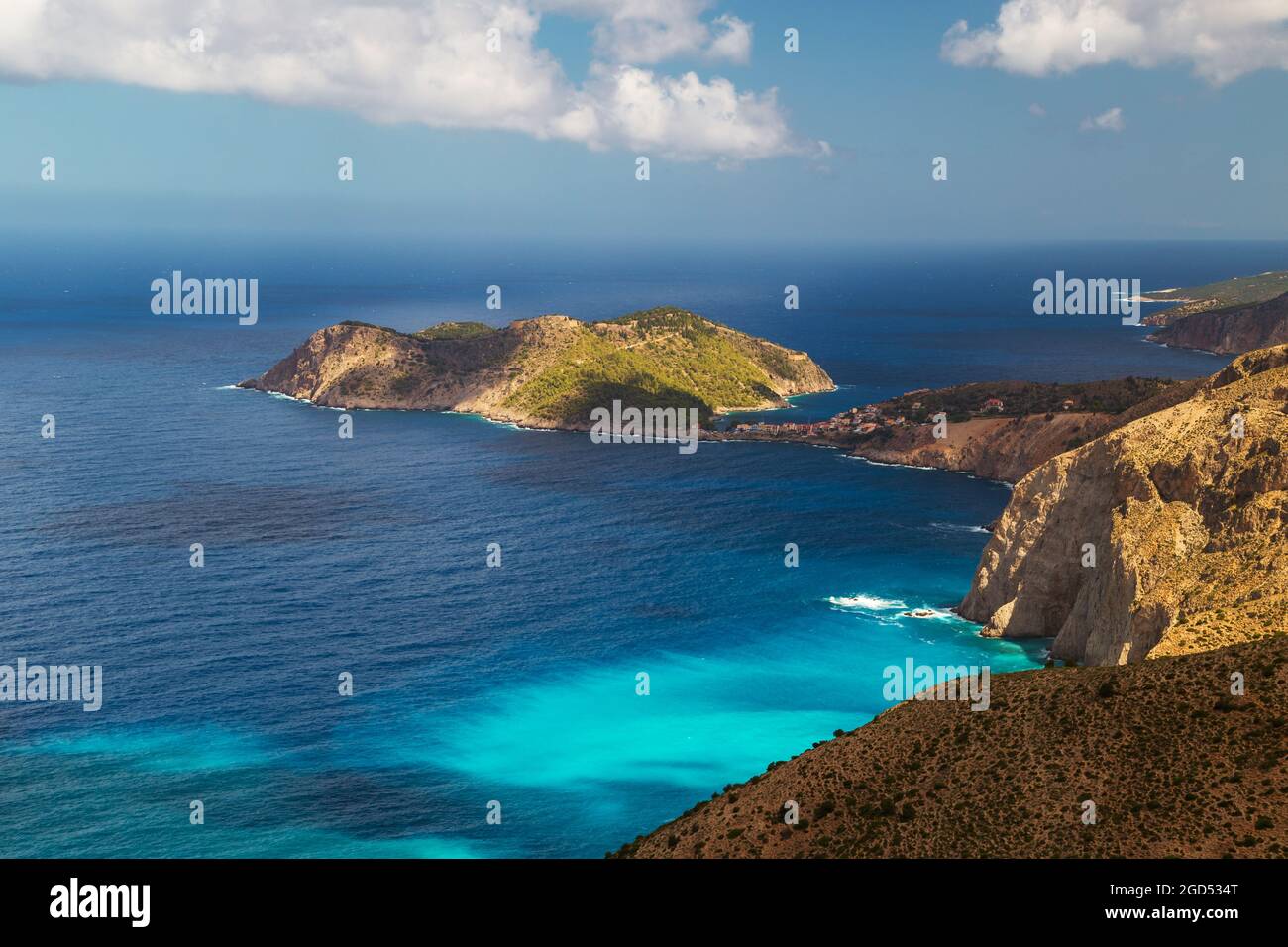 Aerial view at Asos village, Assos peninsula and fantastic turquoise ...