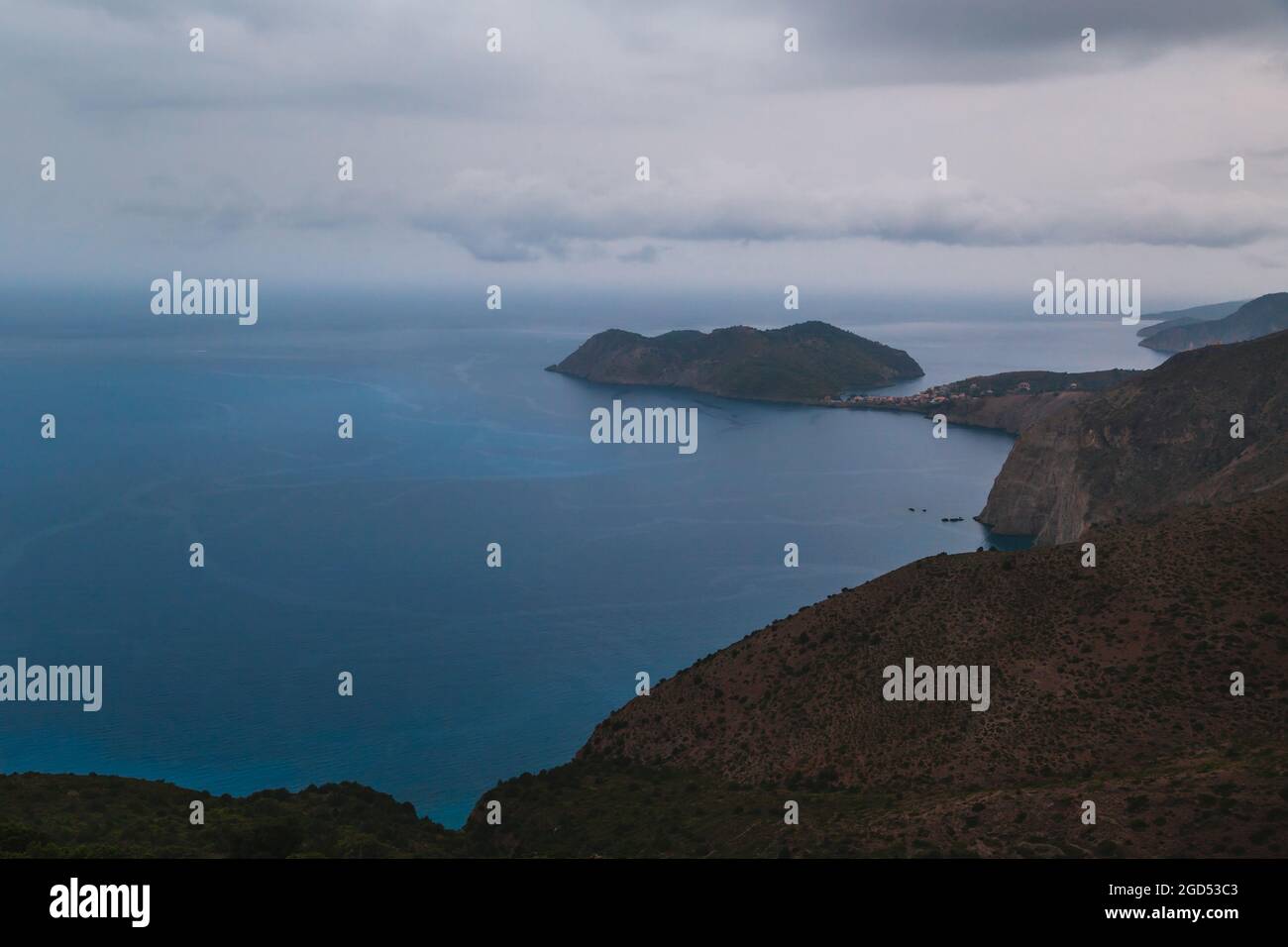 Top view at Asos village and Assos peninsula during bad weather ...