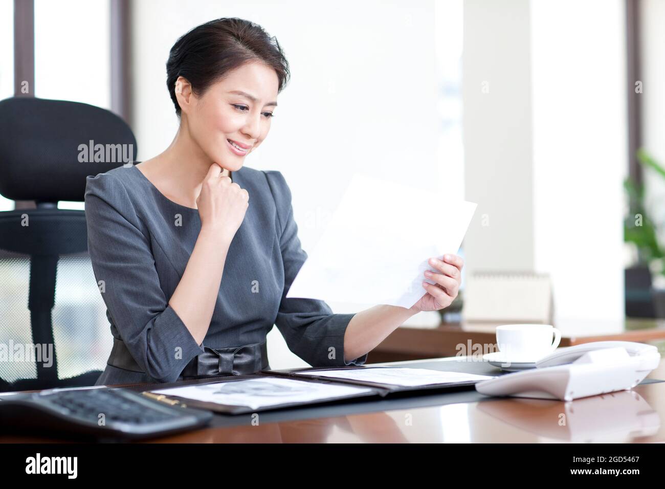 Businesswoman reading files in office Stock Photo - Alamy