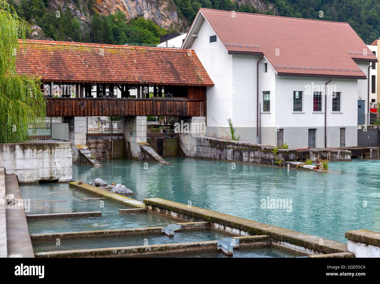 View of the old medieval wooden dam and the mill on the river Aare ...