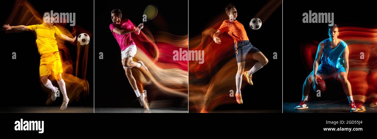 Development of motions of different kinds of sport games. Young men in ...