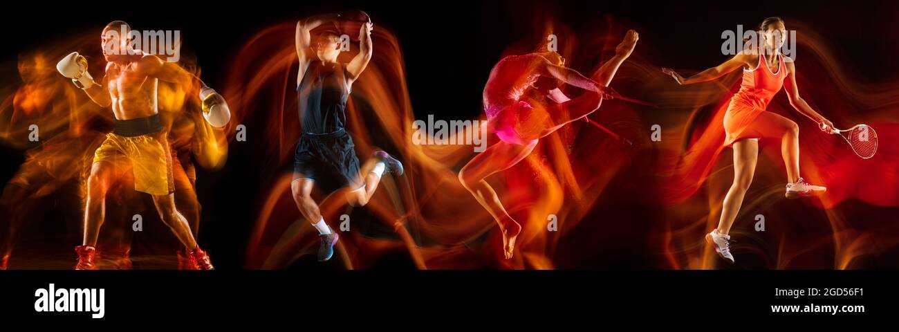 Development of motions of different kinds of sport games. Young men in ...