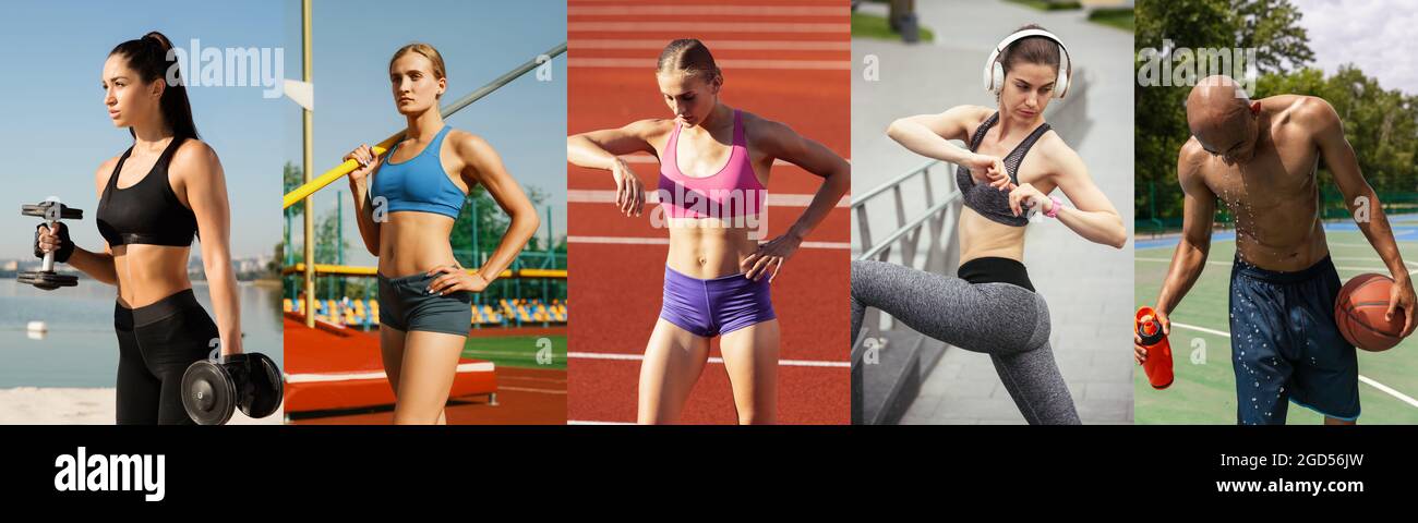 Collage about fit man and woman at the fitness training at stadium ...