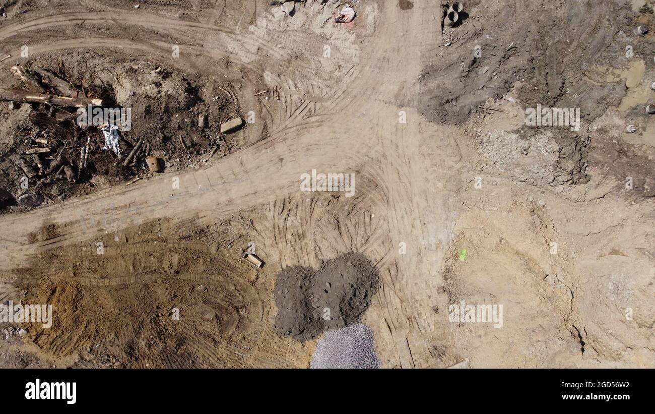 Housing development building site and road infrastructure aerial photo ...