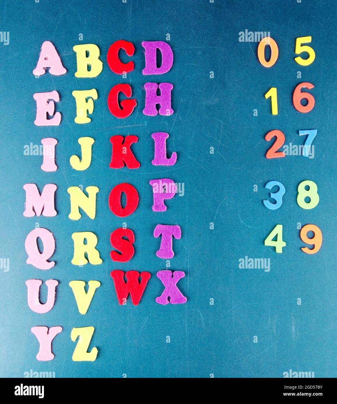 English alphabet and numbers on school desk background Stock Photo - Alamy