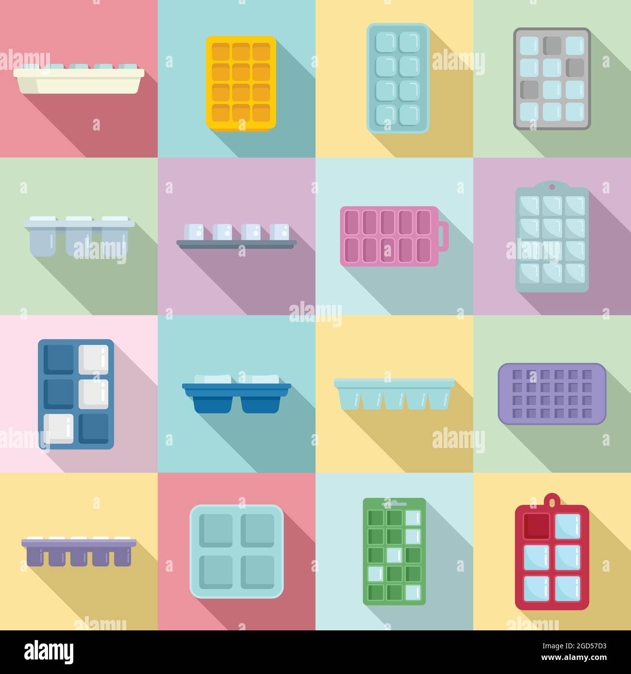 Ice cube trays icons set flat vector. Cool container. Kitchen freezer ...