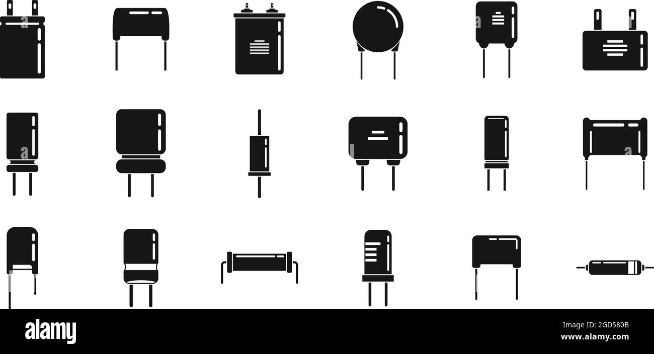 Capacitor icons set simple vector. Polyester ceramic capacitor. Bipolar ...
