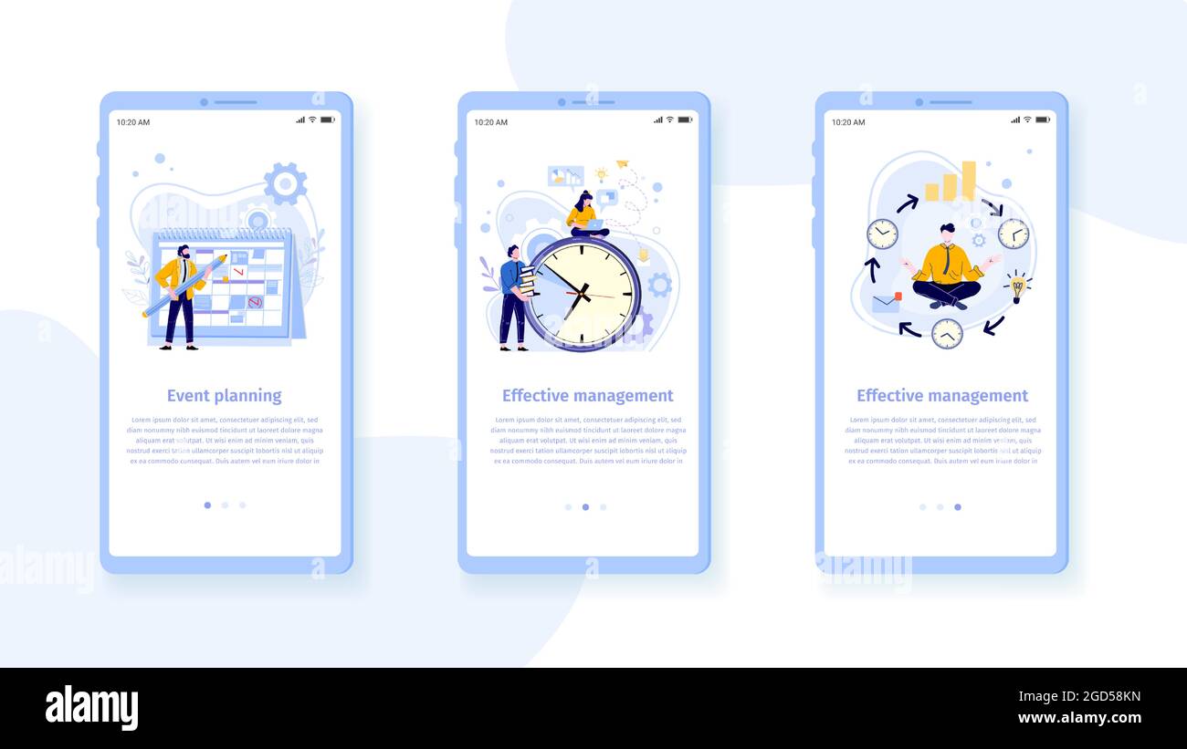 Time management mobile interface template. Man with pencil and schedule ...