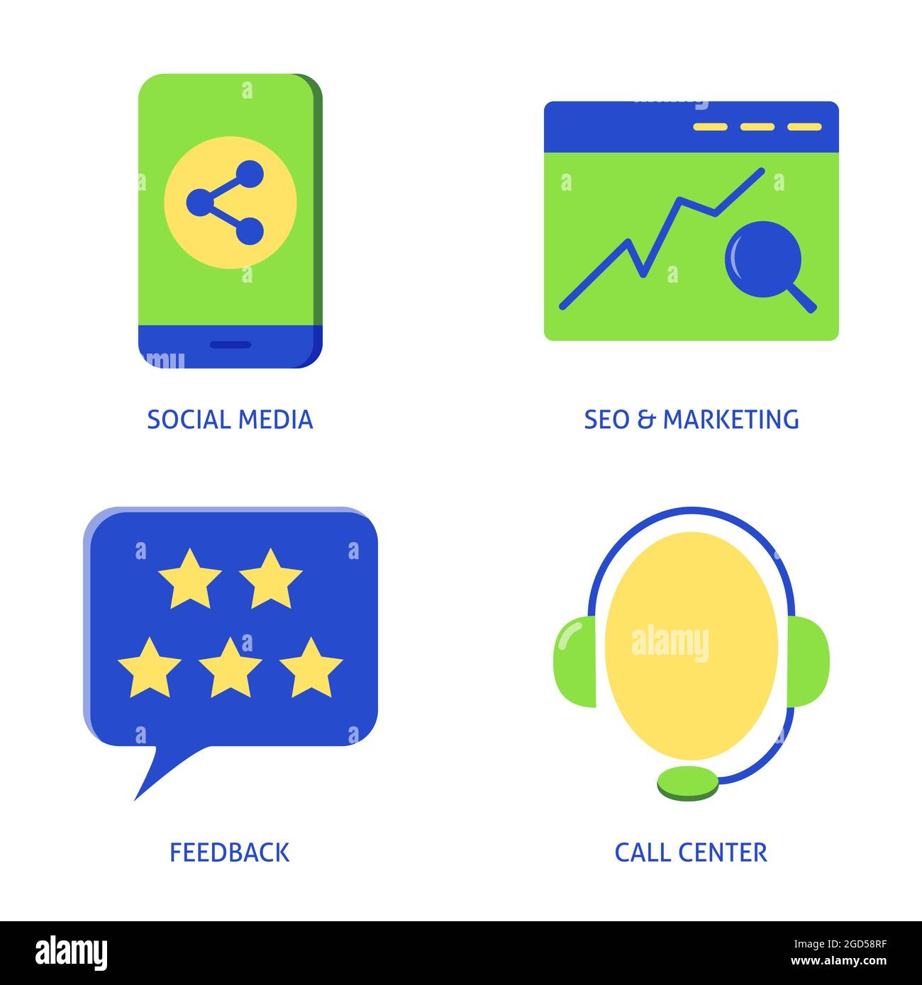 Communication with customer icon set in flat style. Helpdesk operator ...