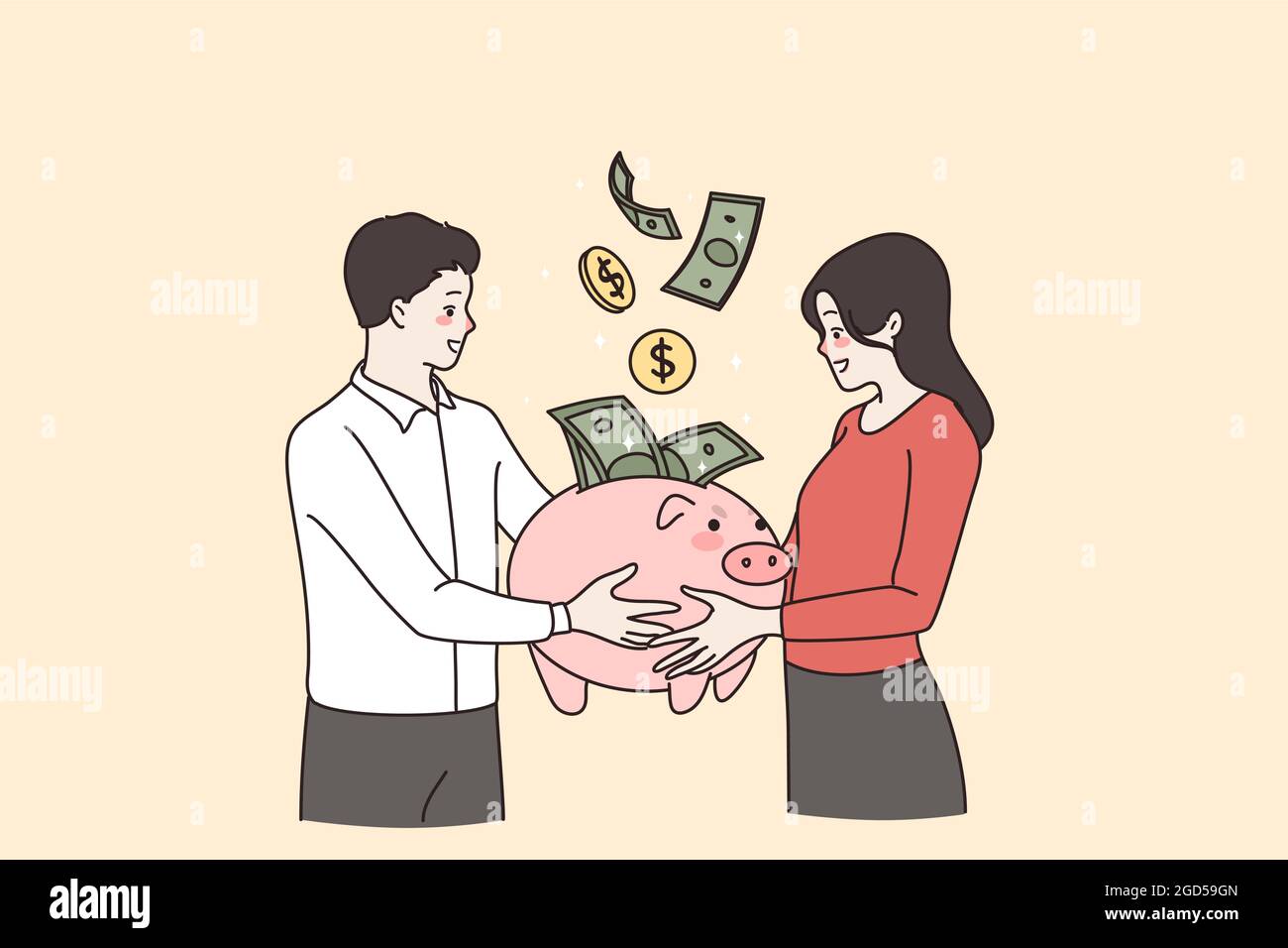 Family budget and savings concept. Young positive couple wife and ...