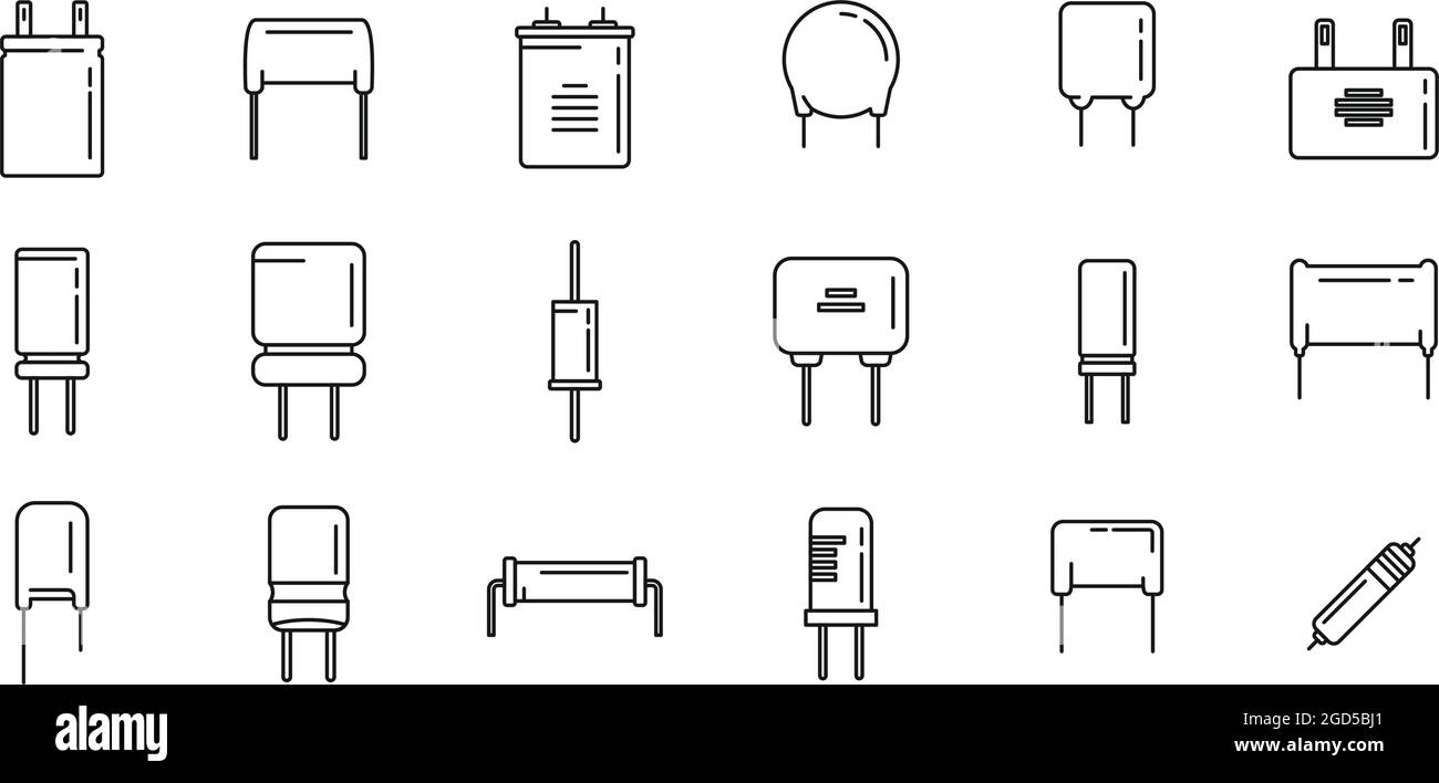 Capacitor icons set outline vector. Polyester ceramic capacitor ...