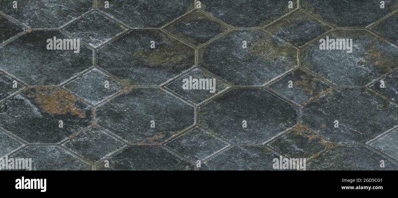Hexagon paving stones floor. Black rock texture background. 3D ...