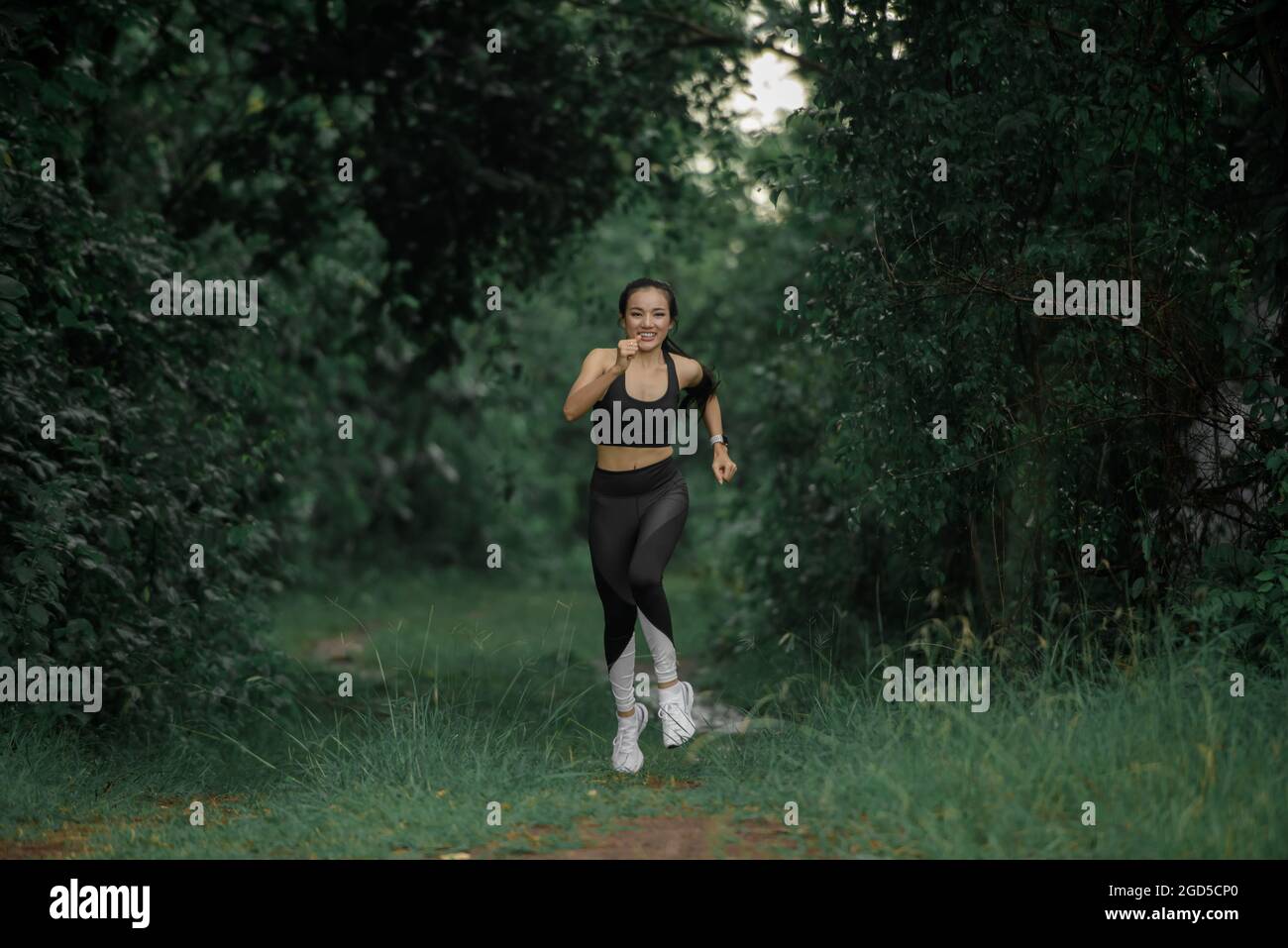 Young people trail running Exercising on forest path. Healthy, fitness ...
