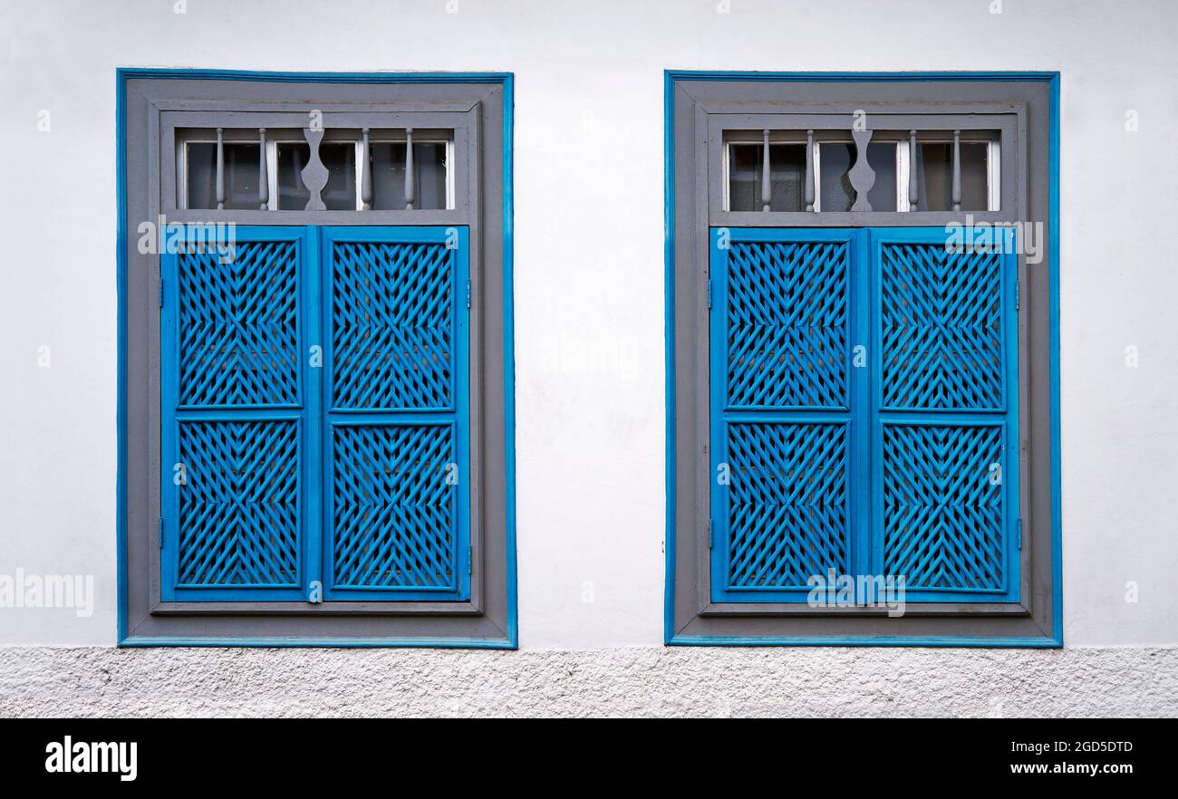 Ancient windows with truss in historical city of Diamantina, Brazil ...