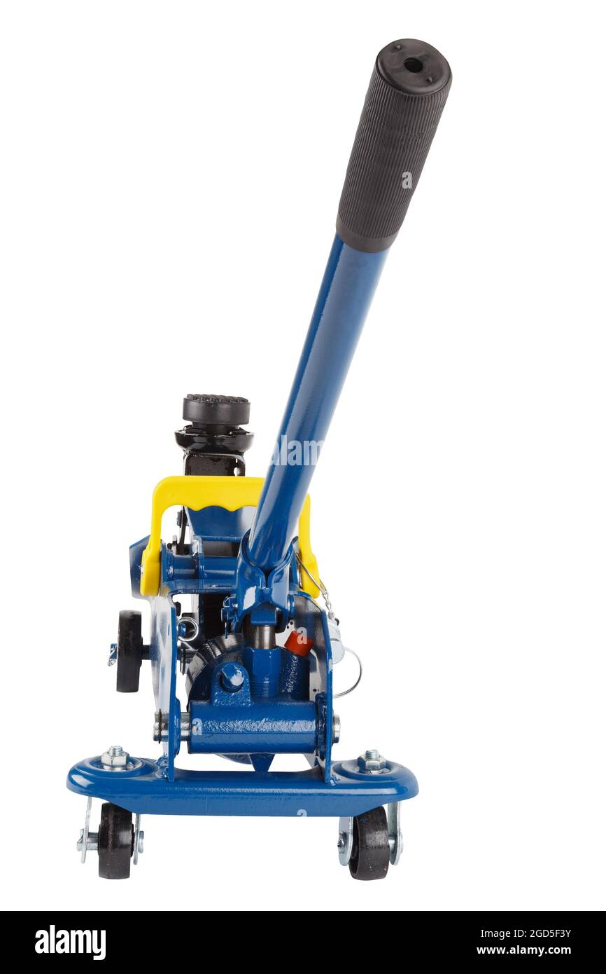 lowered blue hydraulic car jack isolated on white background, 2 ton ...