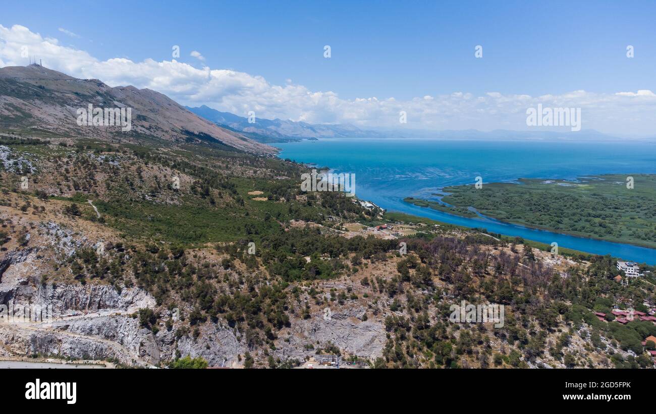 aerial footage of remains of fort, castle, and defense walls in Shkoder ...