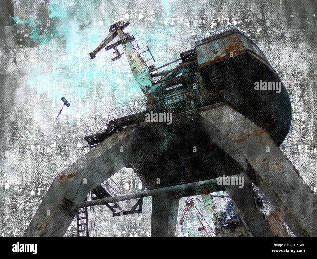 Industry. Old port cranes against the sky. Rusty cranes in a row on an ...