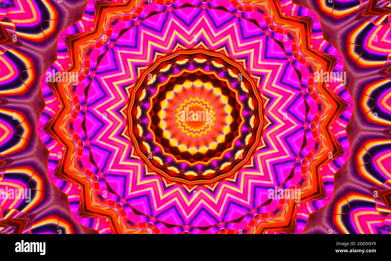 Psychedelic Coral and purple kaleidoscope with yellow spirals. Optical ...