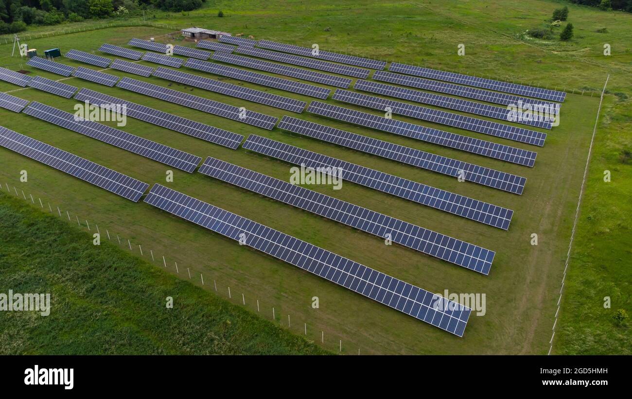 Aerial view of Solar Panels Farm solar cell with sunlight. Drone flight ...