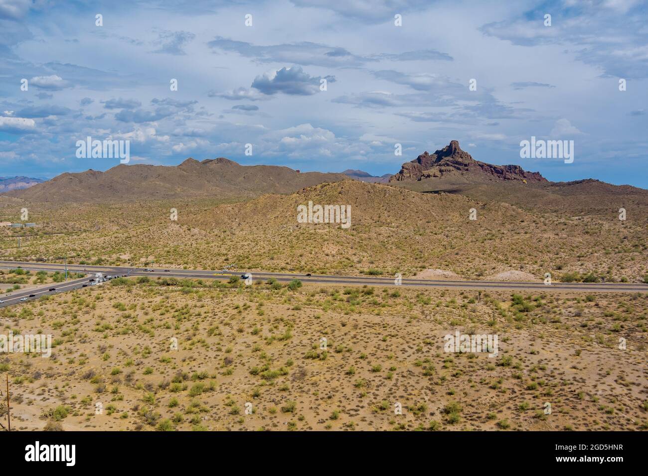 Panoramic view of peak mountains ranges near a road in Arizona USA ...
