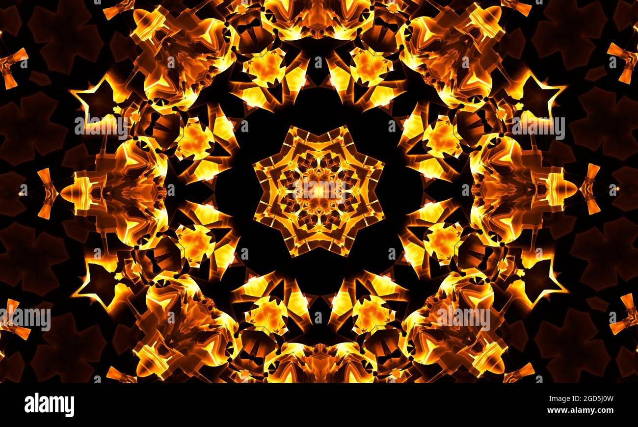 Psychedelic Coral and purple kaleidoscope with yellow spirals. Optical ...