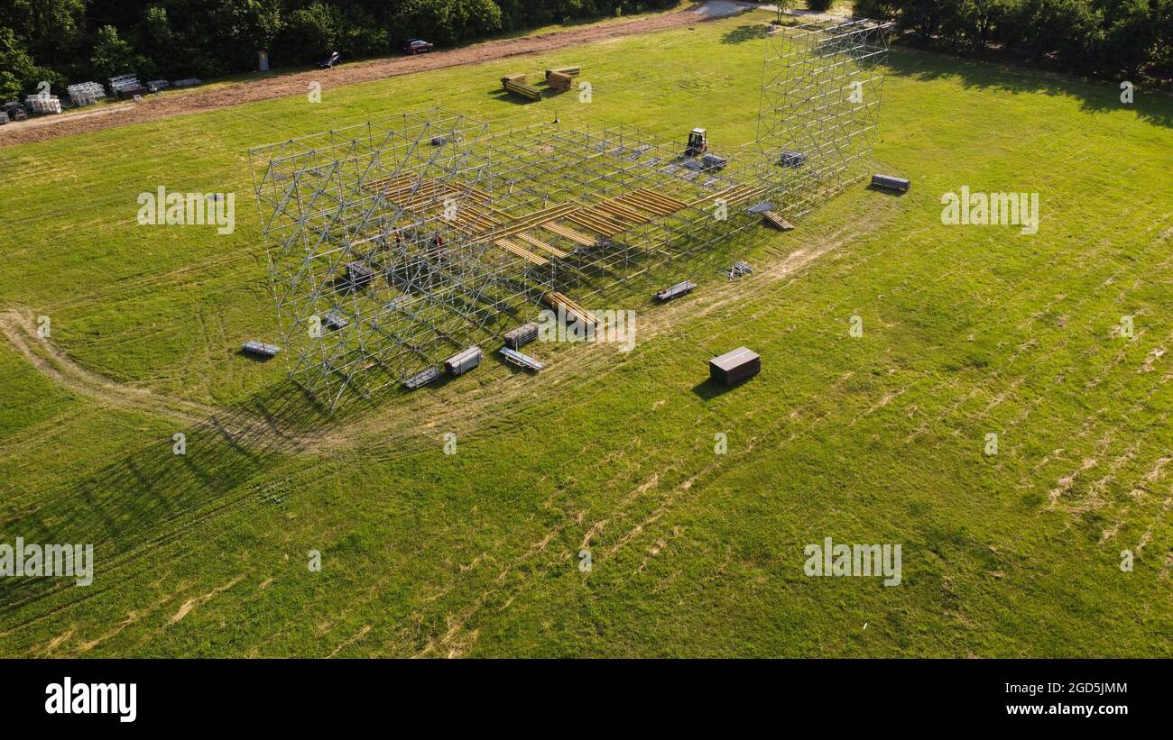 installation of a stage for a concert in the park. Aerial view Stock ...