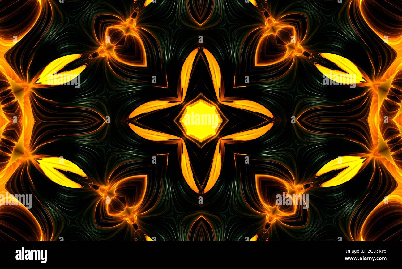 Psychedelic Coral and purple kaleidoscope with yellow spirals. Optical ...