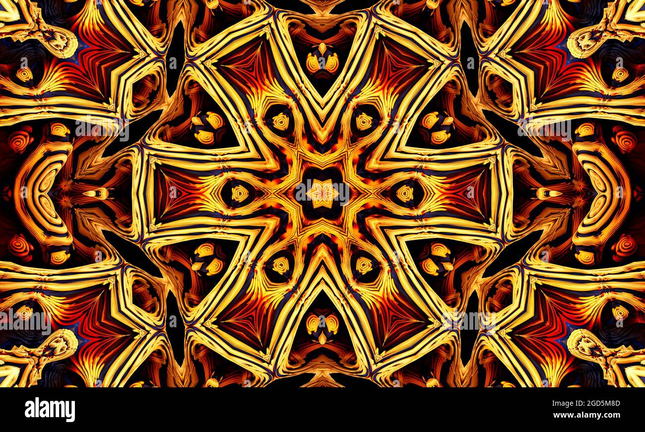 Psychedelic Coral and purple kaleidoscope with yellow spirals. Optical ...