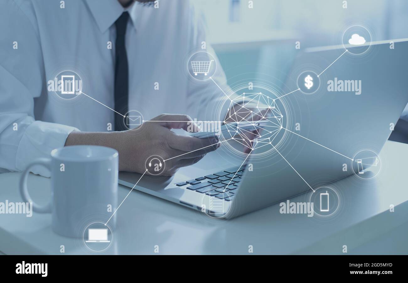 Man using digital device make payments online shopping and icon ...