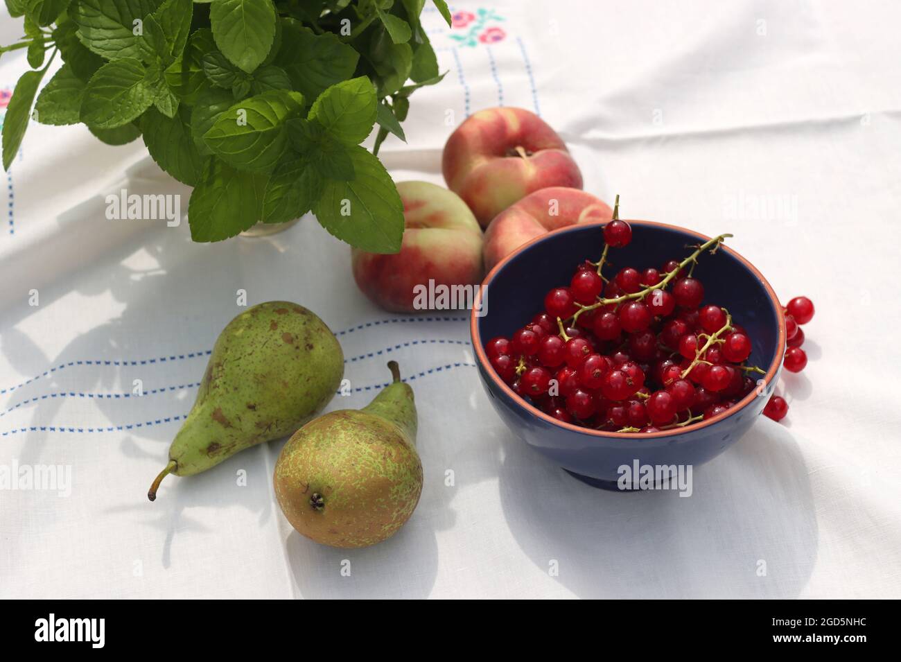 Red currant in a blue bowl. Close up photo of seasonal berries. Eating ...