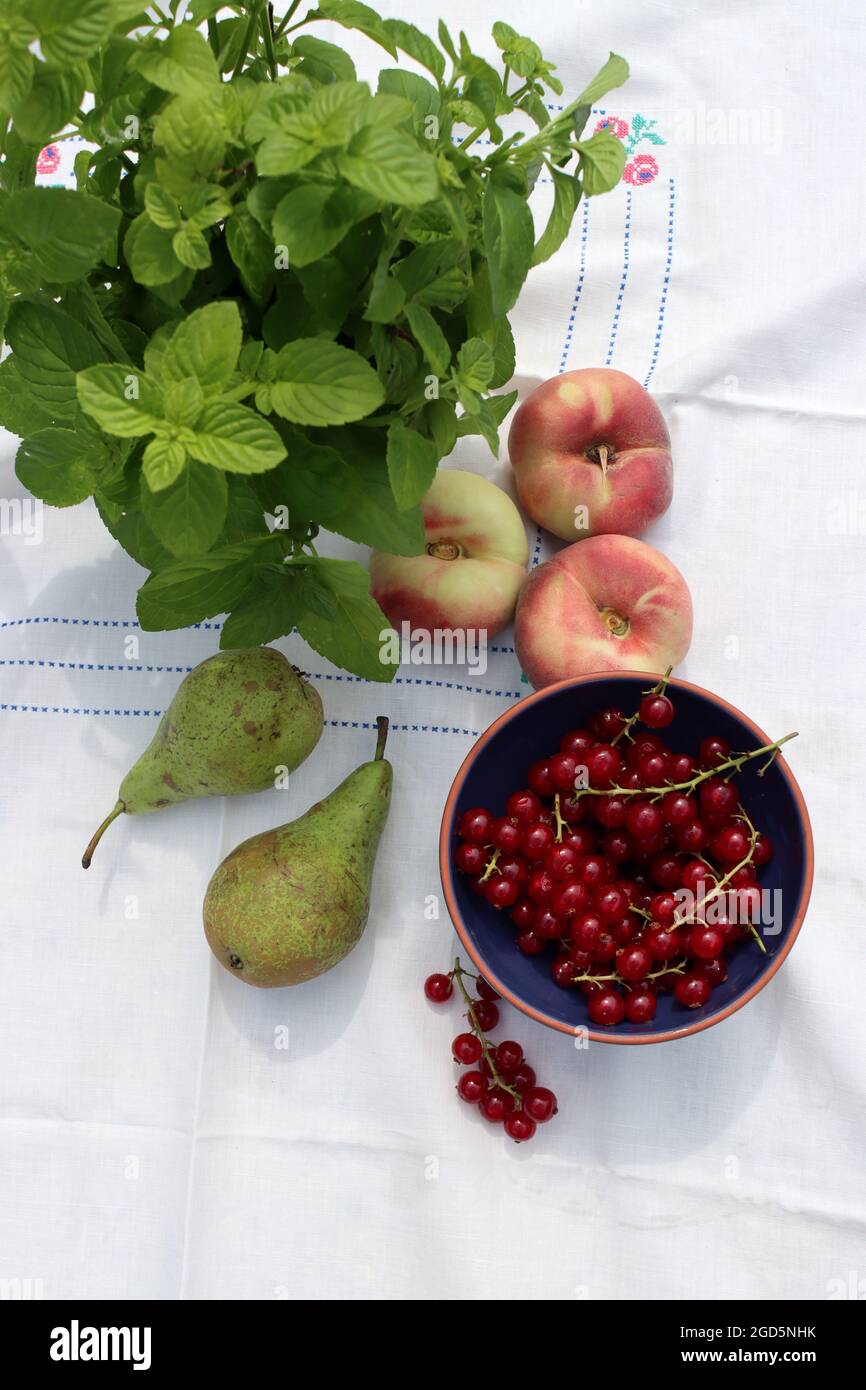 Red currant in a blue bowl. Close up photo of seasonal berries. Eating ...