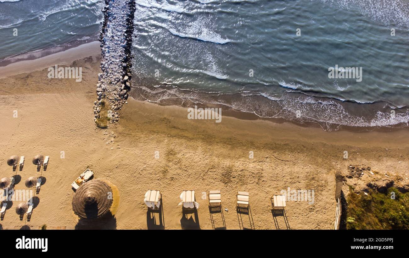 Sand beach aerial, top view of a beautiful sandy beach aerial shot with ...