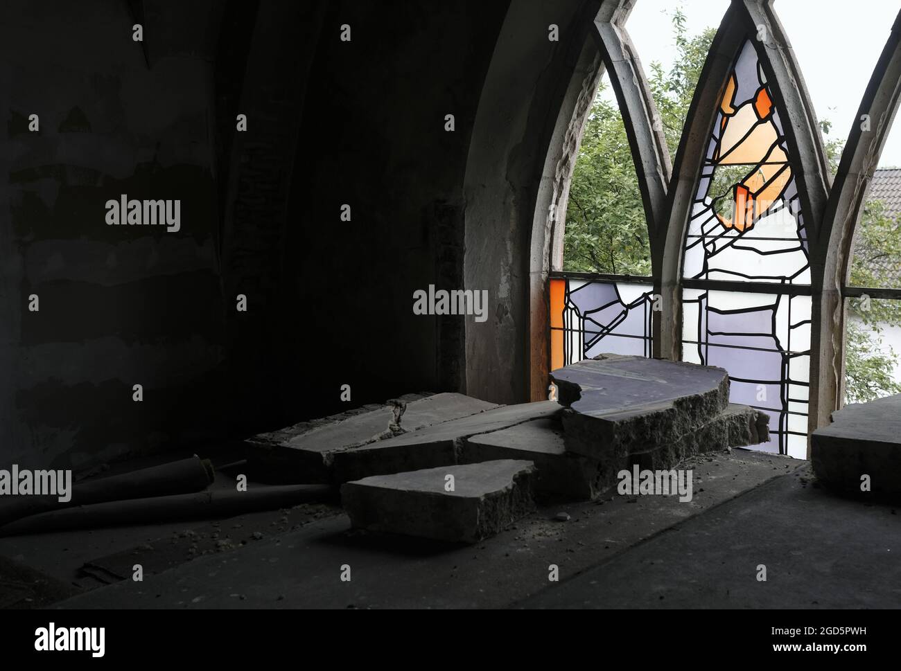 Closeup shot of a broken colorful window of an abandoned church Stock ...