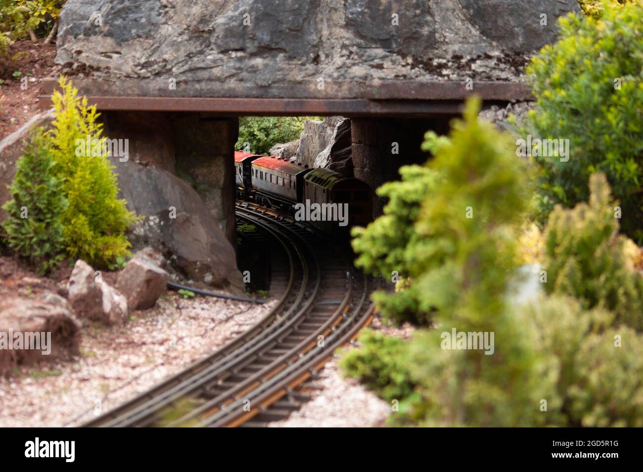 Closeup of tiny moving model train on a miniature railway track Stock ...