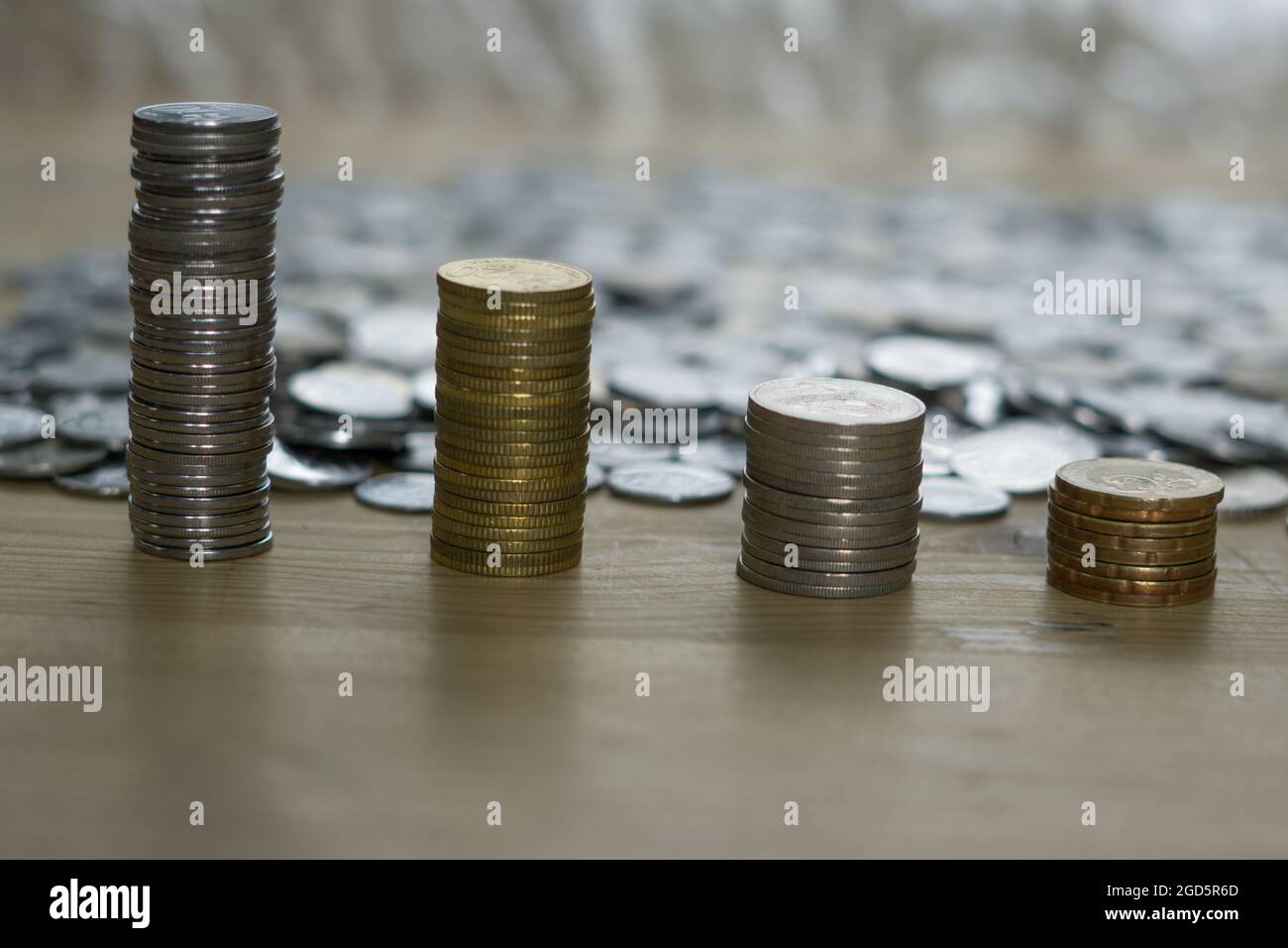 Different denominations of Malaysian ringgit coins in piles of varying ...