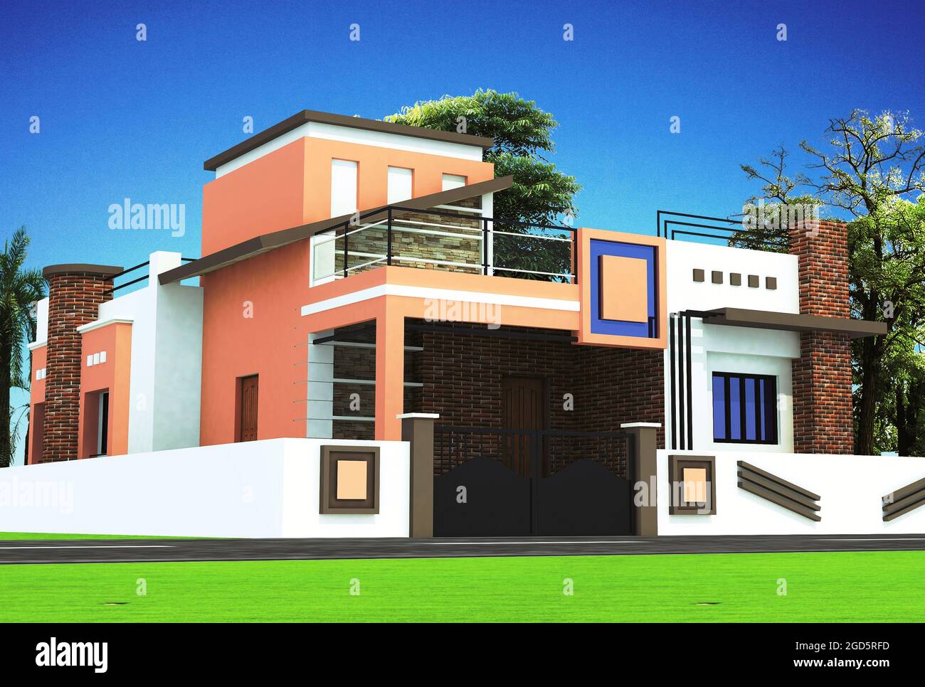 3D rendering of the exterior of a private house with modern ...