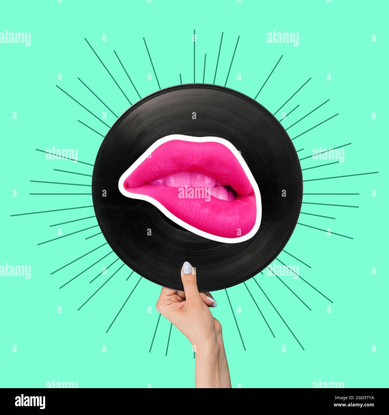 Contemporary art collage. Human hand holding vinyl record over light ...