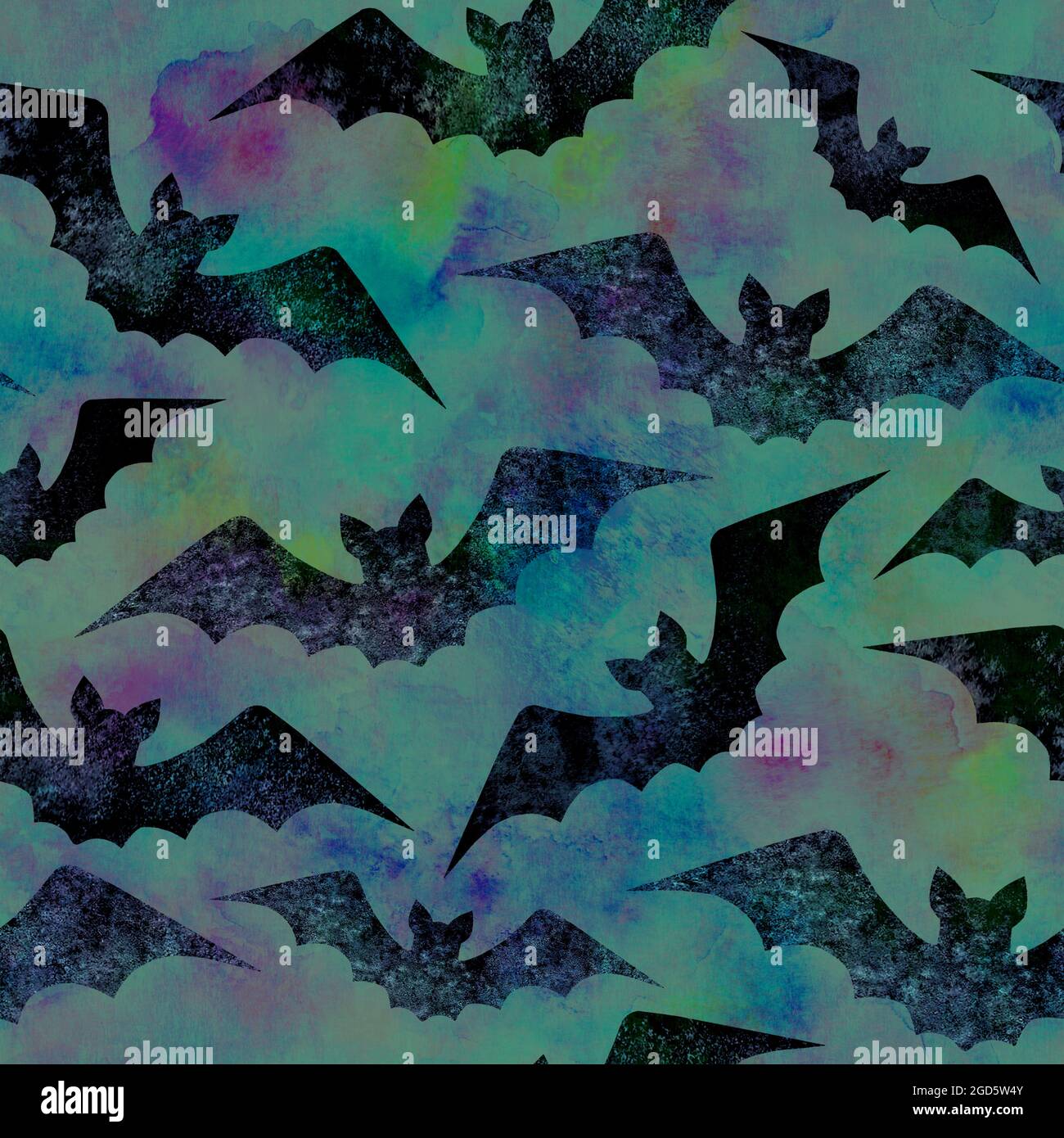 Halloween watercolor grunge seamless pattern with black silhouettes of ...