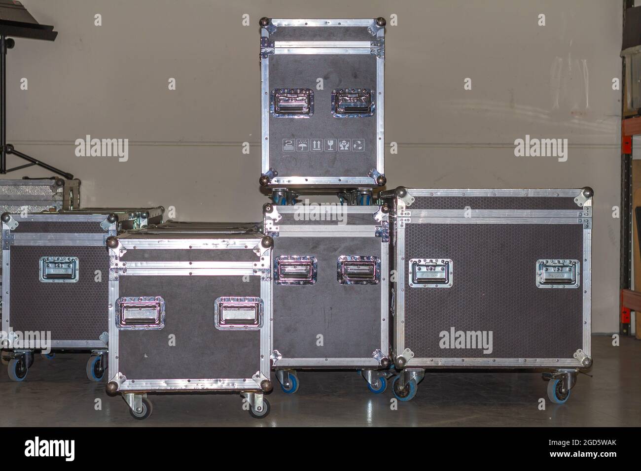 Flight cases placed in the rehearsal room of a rock group Stock Photo ...