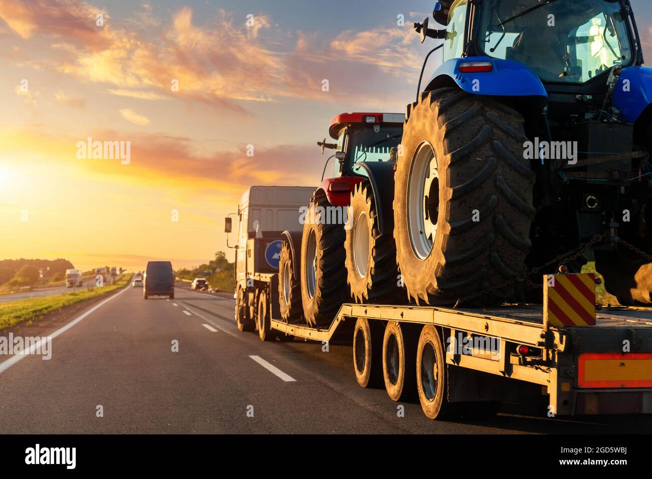 POV heavy industrial truck semi trailer flatbed platform transport two ...