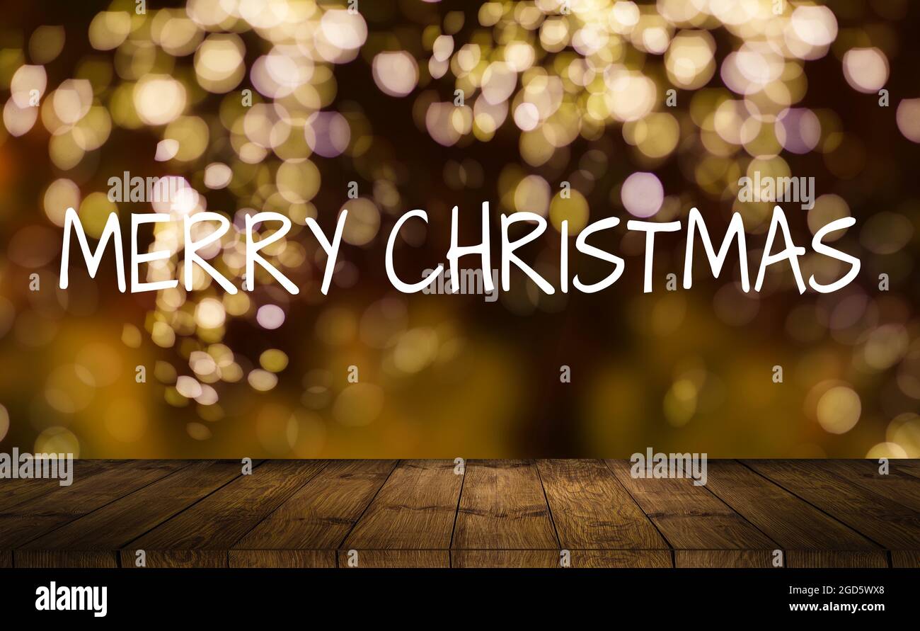 Wood terrace and Abstract bokeh background of Christmas tree decoration for merry christmas Xmas ...