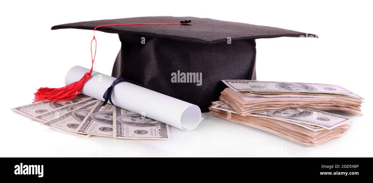 Graduation hat, money and scroll, isolated on white Stock Photo - Alamy